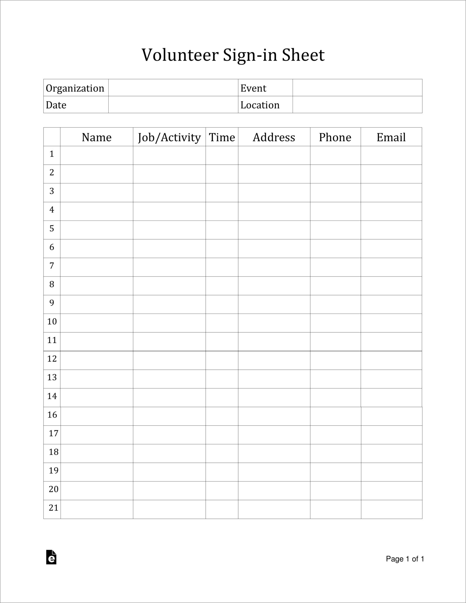 Free Printable Volunteer Sign-in Sheet Template