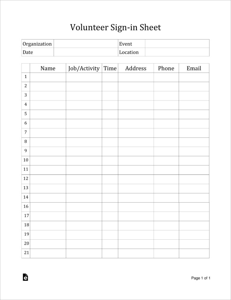 Free Printable Volunteer Sign-in Sheet Template