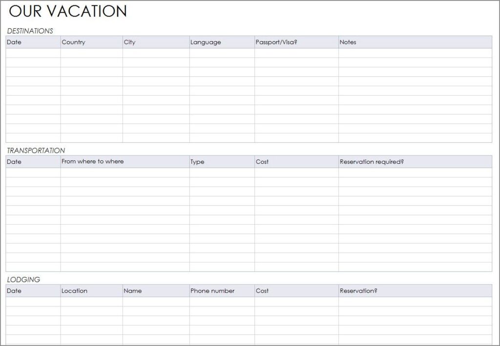 Free Printable Week Vacation Itinerary Template