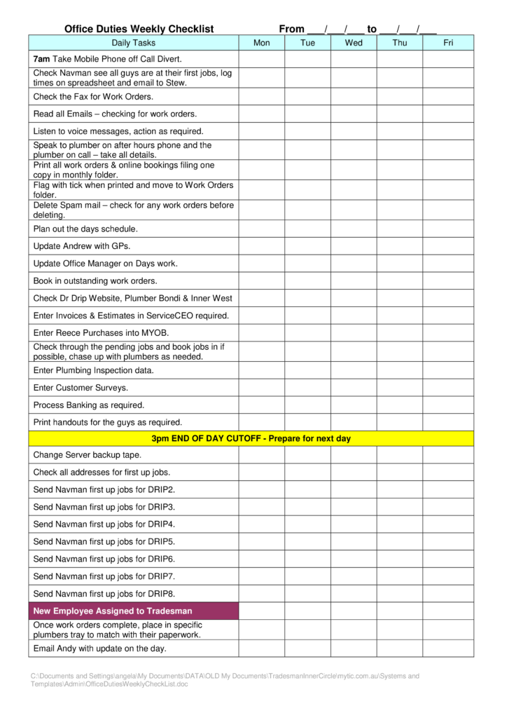 Weekly Checklist Template