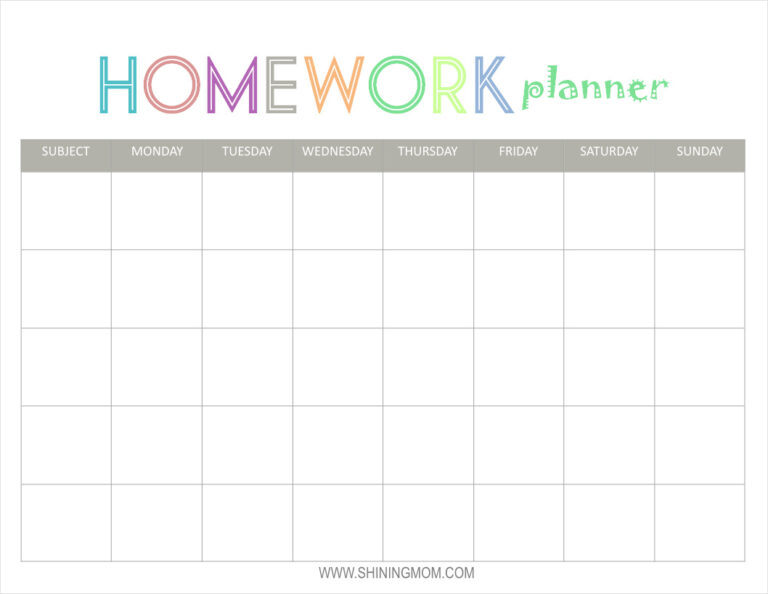 Printable Weekly Homework Planner Template