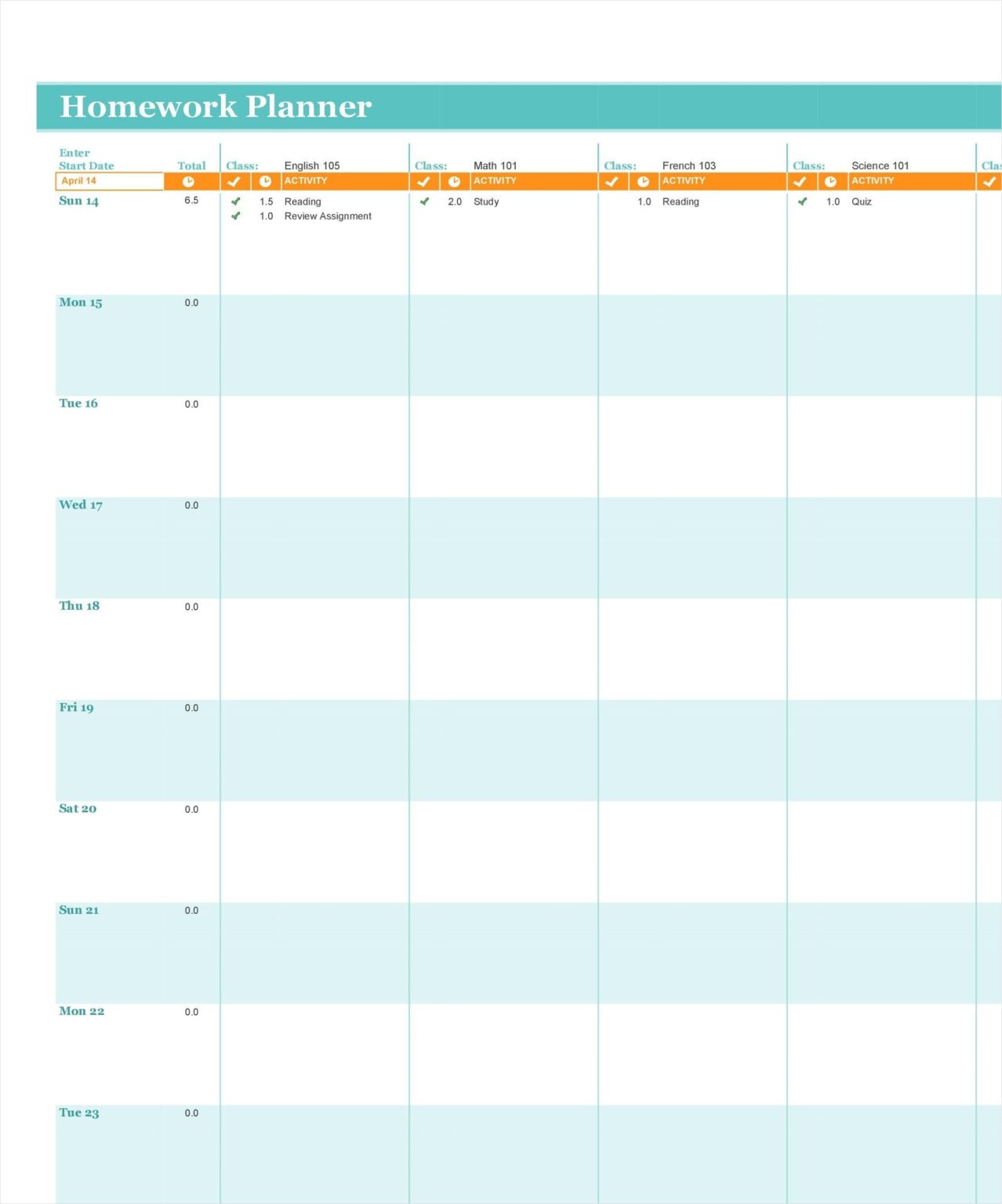 Printable Weekly Homework Planner Template