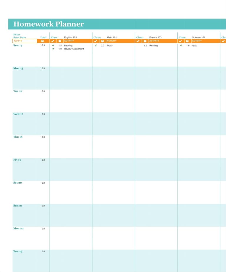 Printable Weekly Homework Planner Template
