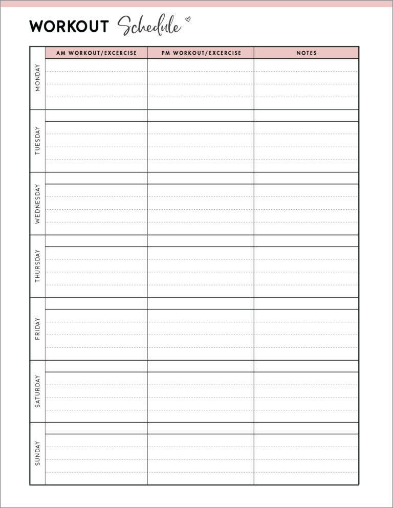 Free Printable Work Out Schedule Template