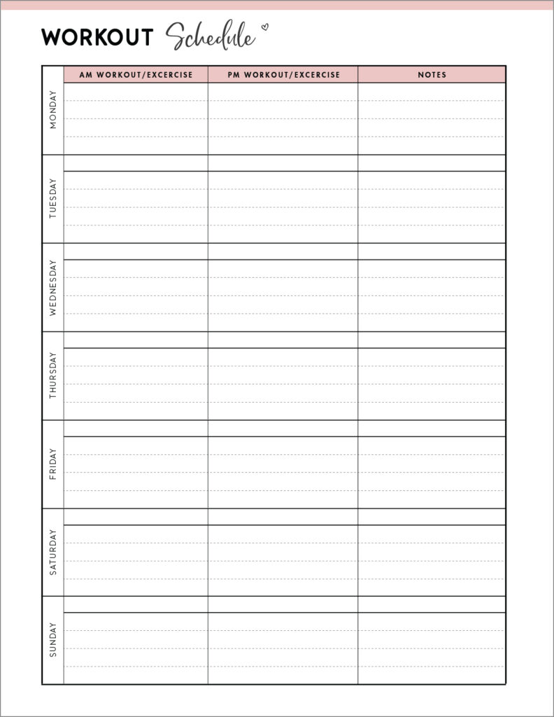 Free Printable Work Out Schedule Template